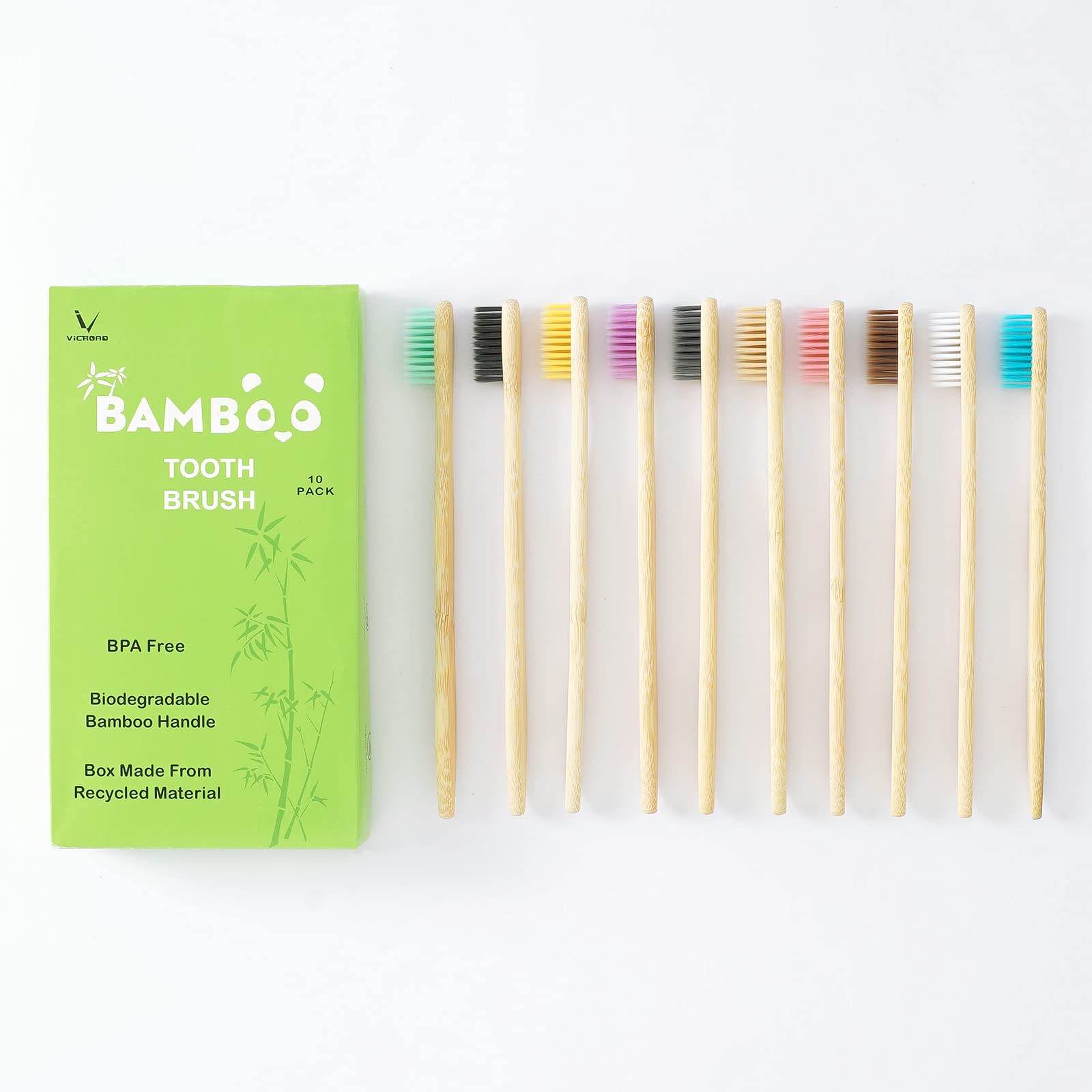 VICROAD Adult Bamboo Toothbrushes BPA Free Soft Bristles Toothbrushes Eco-Friendly, Natural Bamboo Toothbrush Set Biodegradable, Compostable & Organic Charcoal Wooden toothbrushes(10 Pack