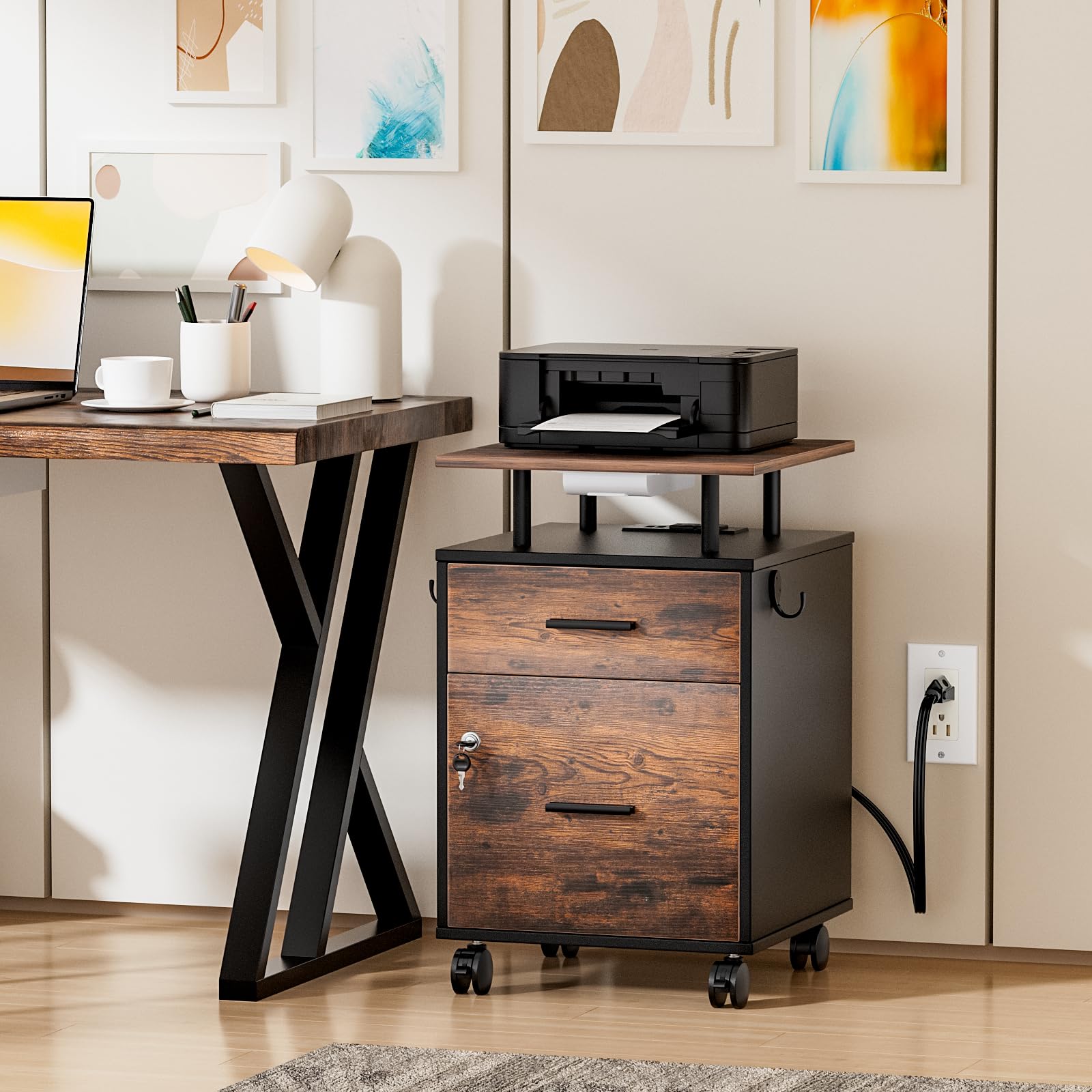 Naice File Cabinet with Lock & Charging Station, Vertical Filing Cabinet with 2 Drawers, Rolling File Cabinet for Home Office Printer Stand, Enlarged Wheels, Letter/A4 Size Hanging File Folders