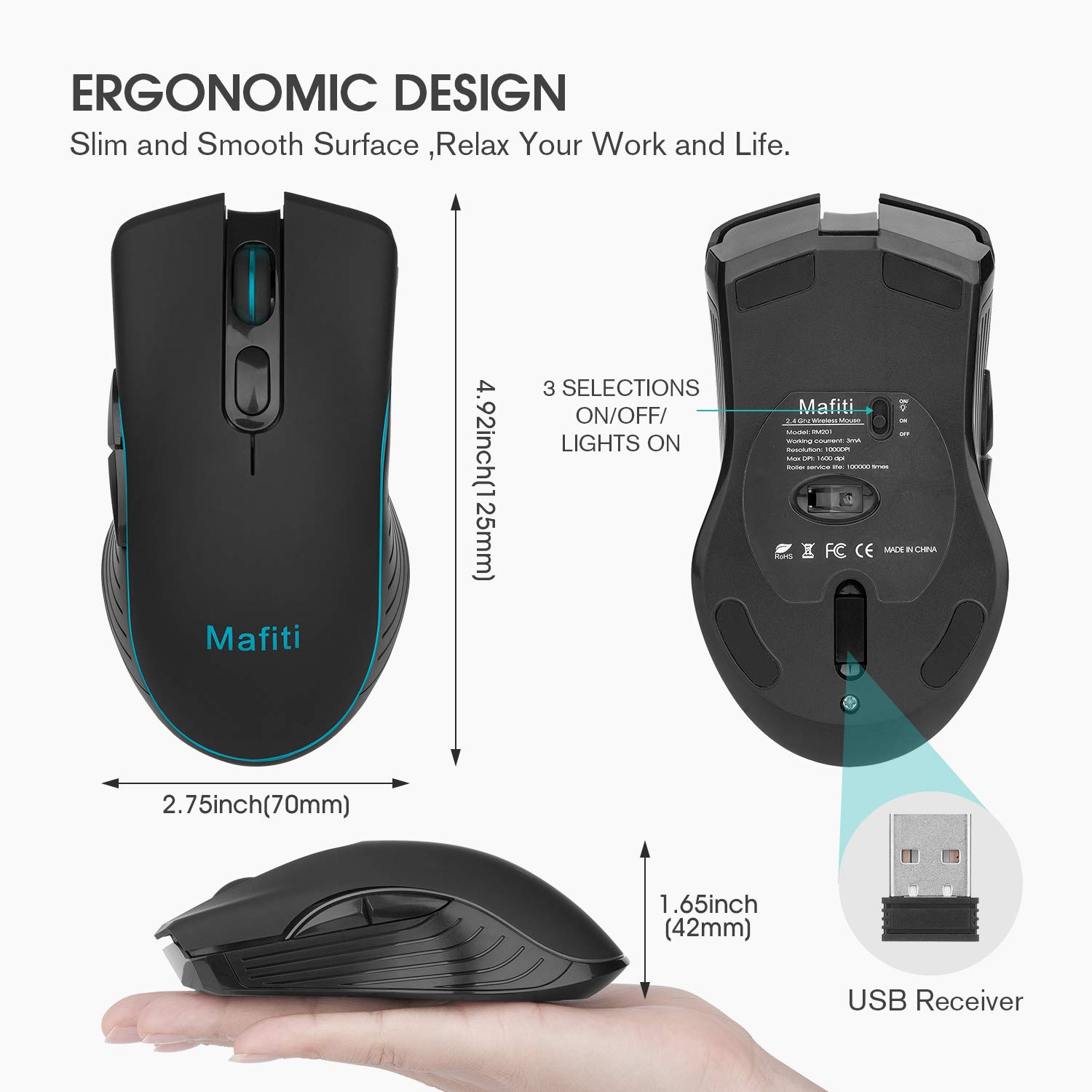 mafiti Wireless Mouse, 2.4G Rechargeable Mouse for PC Laptop Computer Desktop