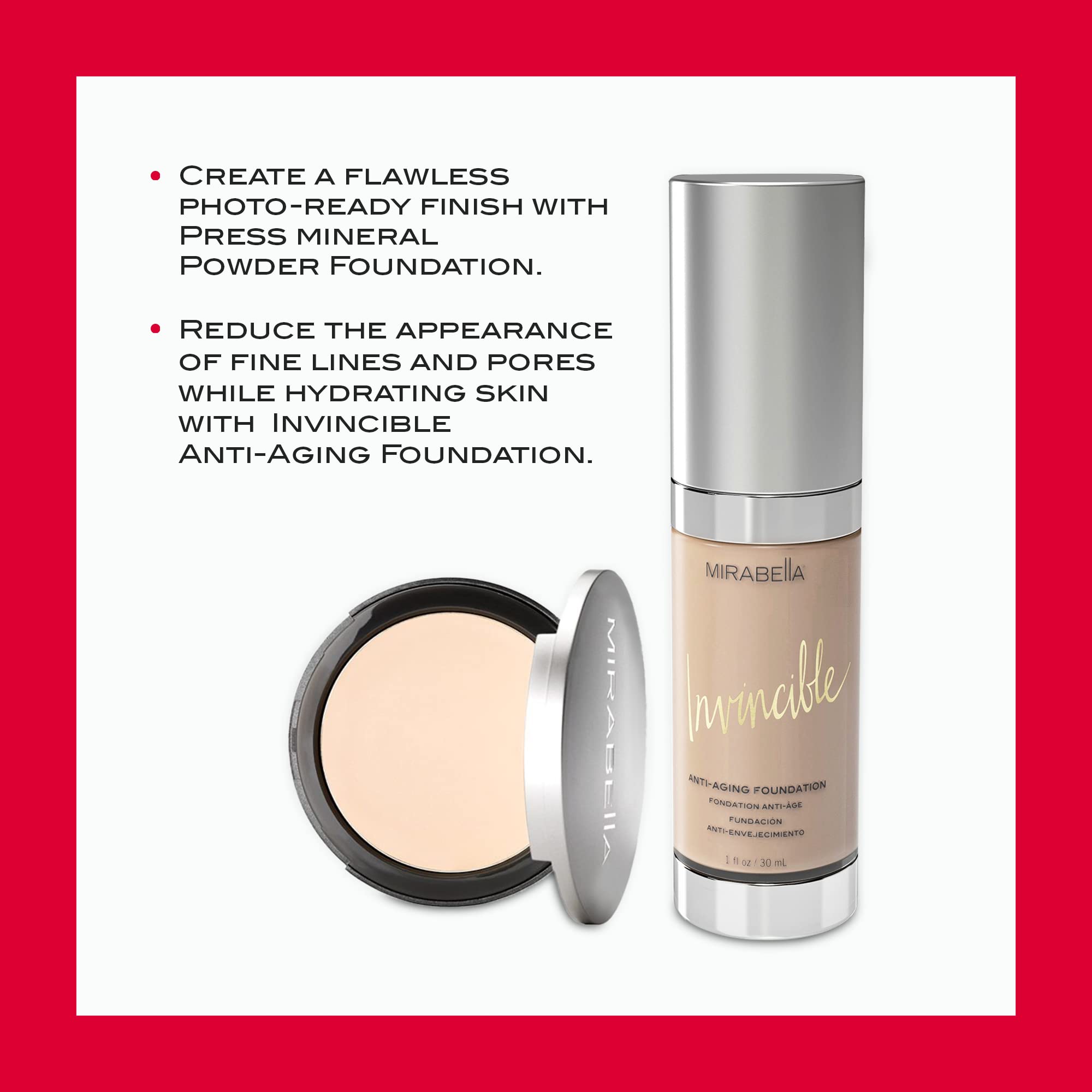 Mirabella Pure Press Mineral Powder Foundation and Invincible Anti-Aging Foundation Bundle