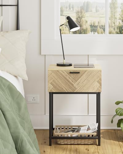 Masupu Nightstand,Bedside Tables with Storage Drawer,Tall Nightstand with Herringbone Pattern,Bedside Furniture,Small Side Table for Small Spaces, Bedroom, Living Room, Rustic Oak