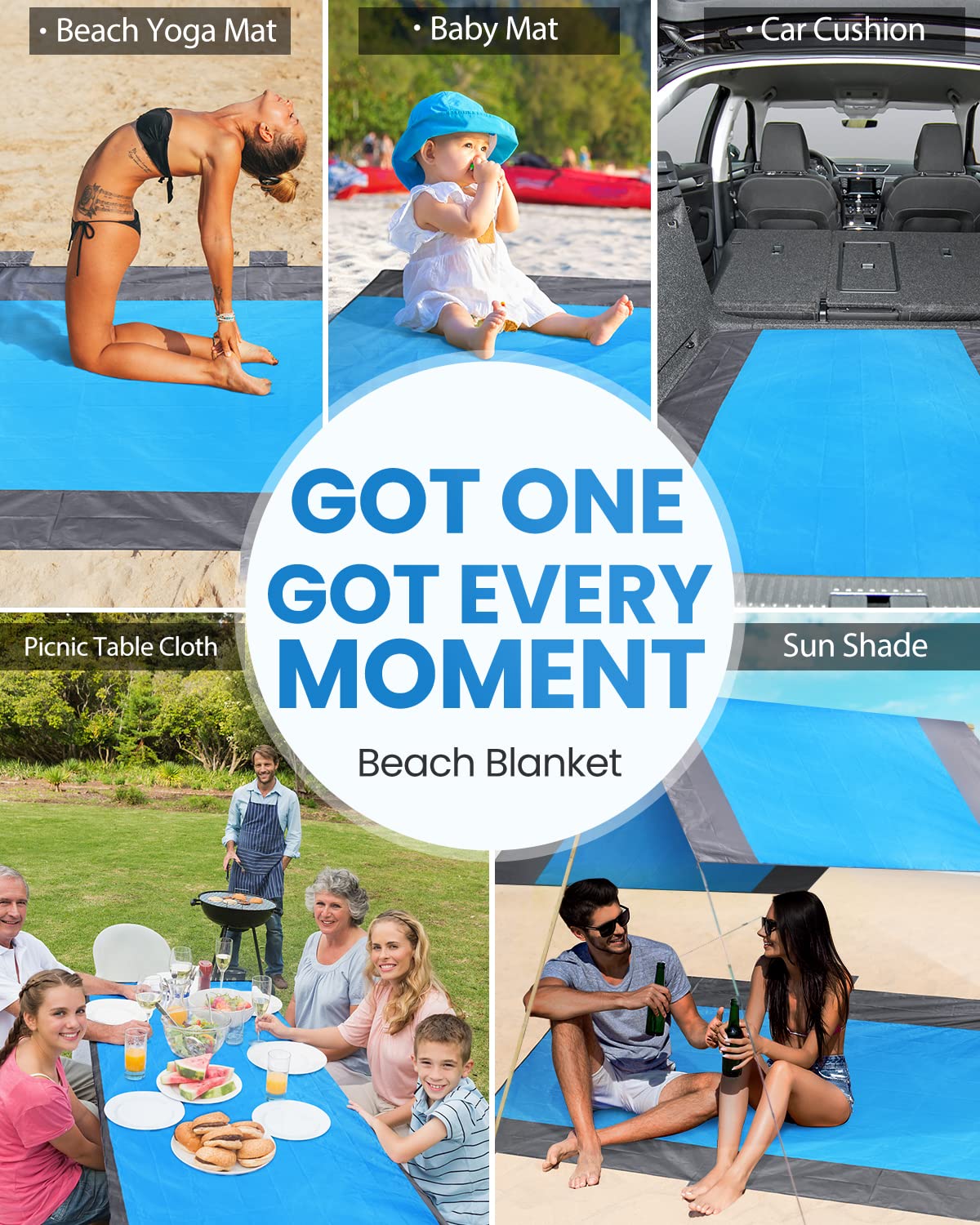 POPCHOSE Beach Blanket, Sandfree Beach Mat 108"x85.2"/83"x78" for 7 Persons, Extra Large Beach Blanket Waterproof Sandproof with 6 Stakes, Easy to Clean, Lightweight Compact Beach Accessories