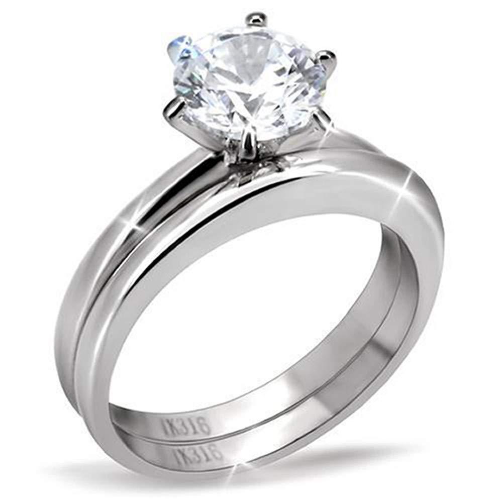 MABELLA Stainless Steel Cubic Zirconia Round Cut Classic Women's Wedding Engagement Bridal Ring Set Size 7