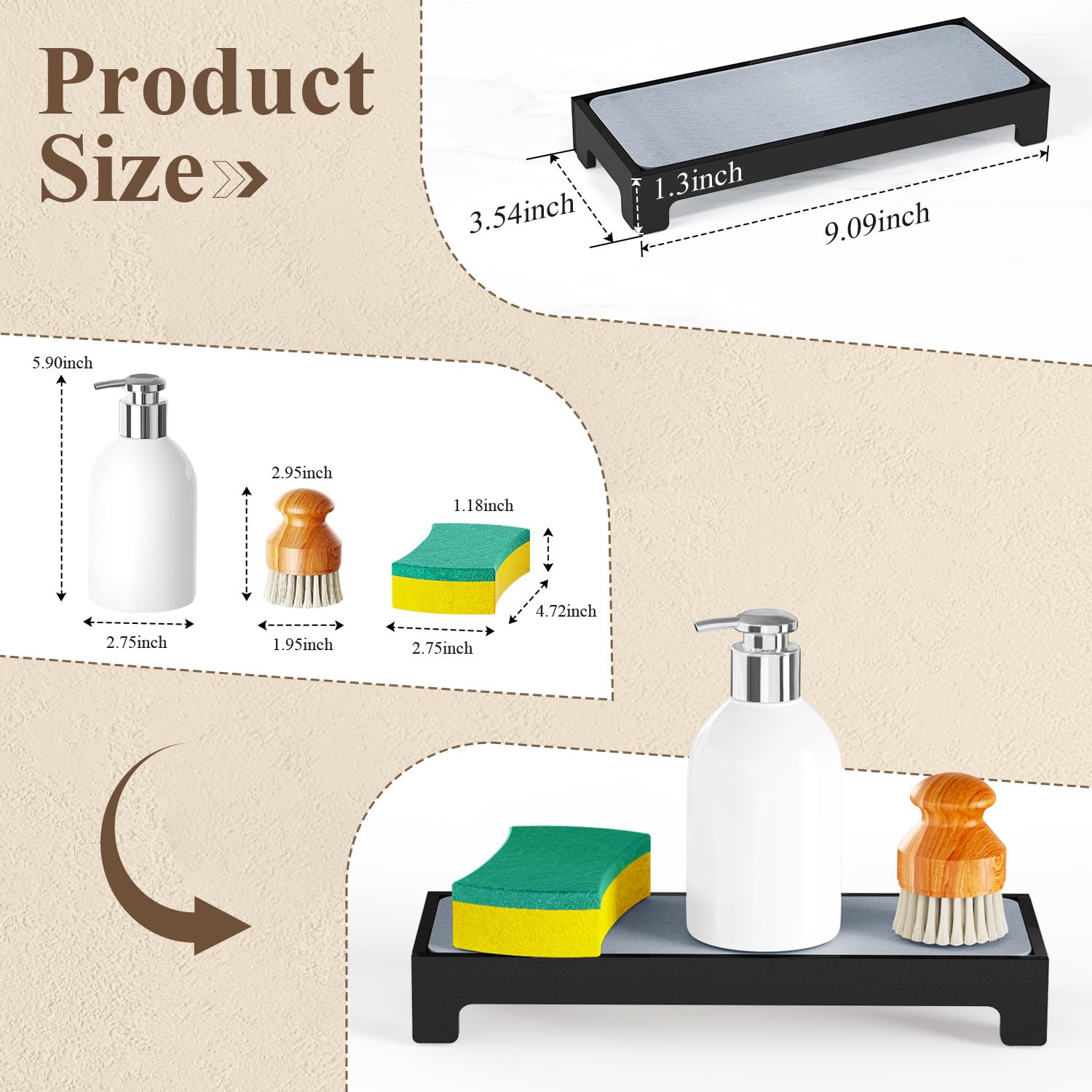 Sink Caddy, EnjoyNest Instant Dry Sink Organizer Sponge Soap Holder for Kitchen Sink Bathroom Countertop Fast Drying Rack Counter Tray Water Absorbing Stone Pedestal Stand Riser for Bottle Brush-Black