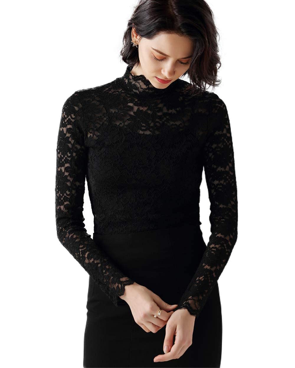QiuDumo Lace Undershirt Long Sleeve T-Shirt Basic Layer Tee Slimming Top Black XL