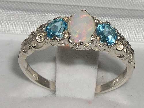 LetsBuyGold 925 Sterling Silver Natural Opal and Blue Topaz Womens Promise Ring - Size 6.5