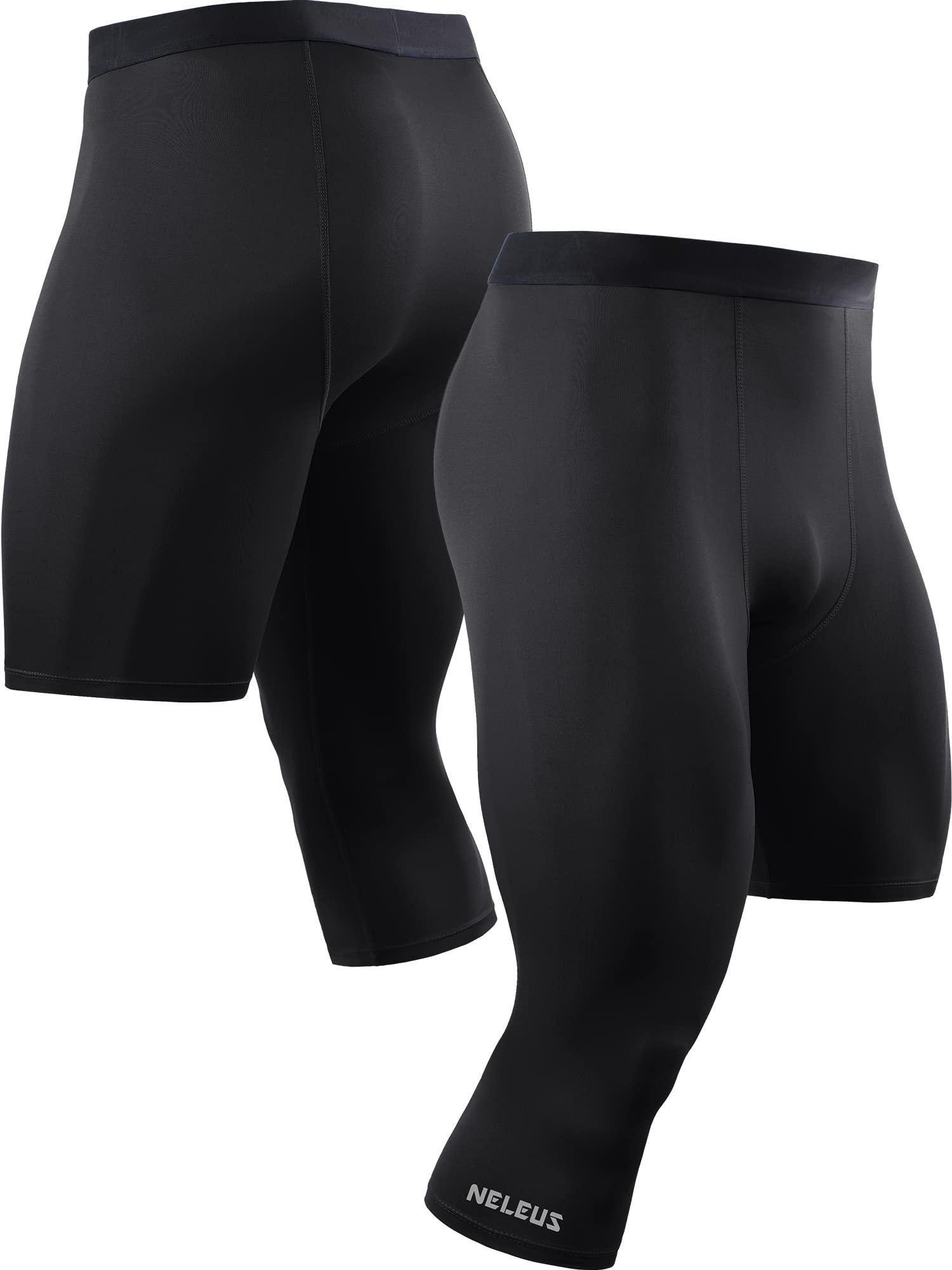 NELEUS Men's 3 Pack Running Capri Athletic Leggings Compression Shorts,Black/Grey/White,Small