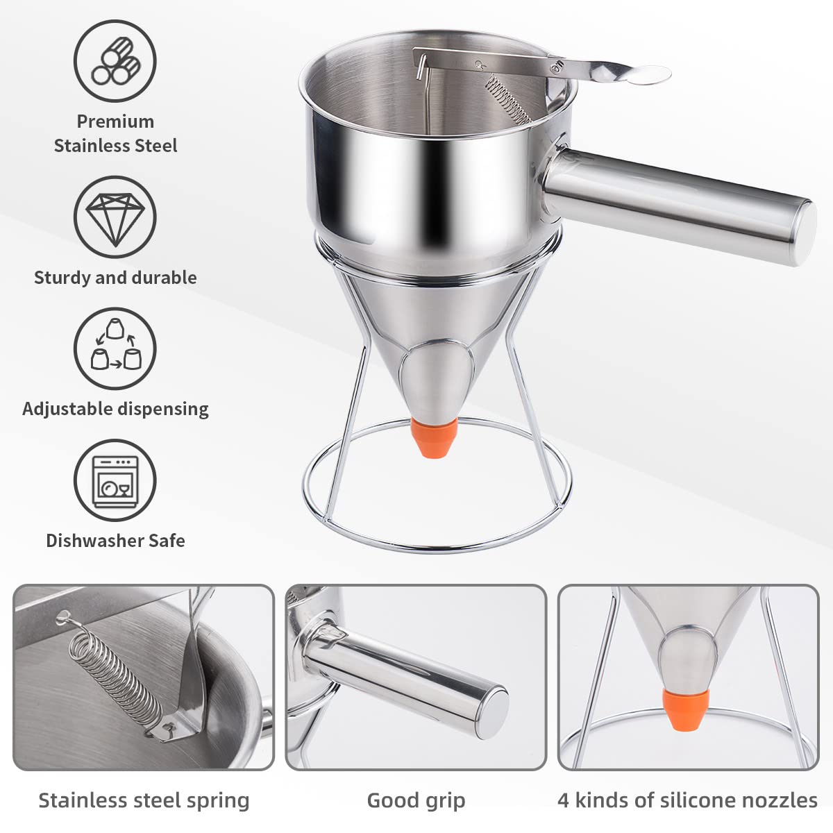 Shoxil 20oz Pancake Batter Dispenser, Multi-Caliber Stainless Steel Funnel Cake Dispenser with Stand Great for Pancakes, Cupcakes or Any Baked Goods