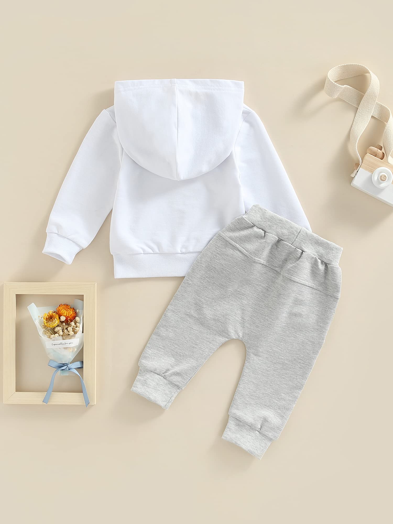 VISGOGO Infant Baby Boy Clothes Set Letter Printed Long Sleeve Hooded Pullover Tops + Elastic Drawstring Pants with Pockets (A-BUBS-White, 3-6 Months)