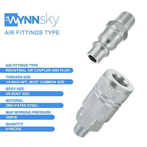 WYNNsky Industrial Air Coupler and Plug Kit, 3/8 Inch High Flow Body Size, 1/4 Inch NPT Threads Size, Steel Material, 9 Pieces Air Compressor Hose Accessories Fittings