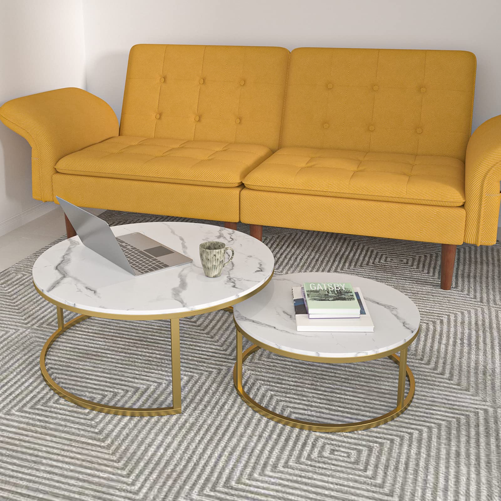 Modern Nesting Coffee Table, Marble Look Sofa Side Nest of Tables Round End Tables, Set of 2, Golden Color Frame with Wood Top- 32β& 24β Table Set