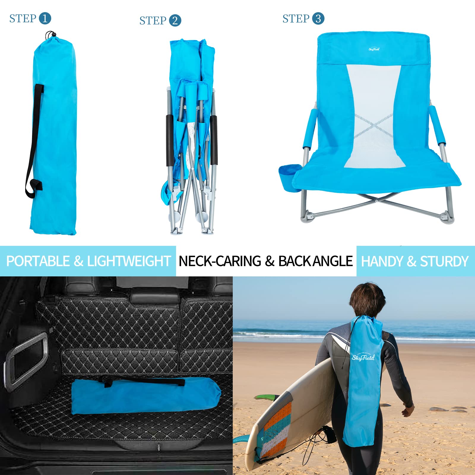 SKYFIELD 2 Pack Low Beach Chairs for Adults Ultralight Folding Chair Heavy Duty Beach Chair with Cupholder and Carry Bag