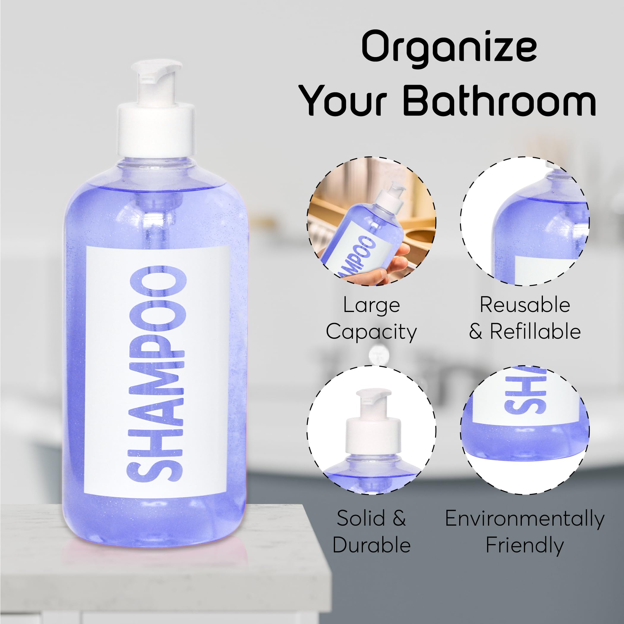 Modern Refillable Shampoo and Conditioner Dispensers by AylaMae | 500ml / 16.9oz PET Plastic Bottles (Clear)