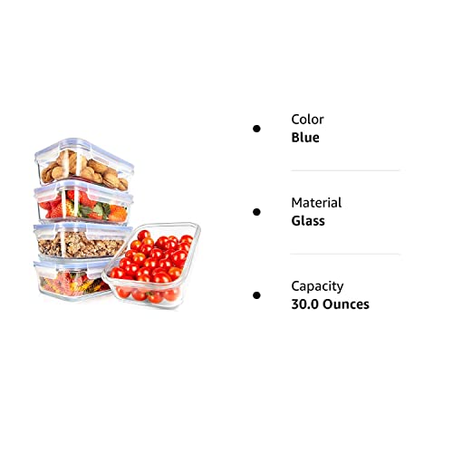 NutriChef 10-Piece Glass Food Containers - Stackable Superior Glass Meal-prep Storage Containers, Newly Innovated Leakproof Locking Lids w/Air Hole, Freezer-to-Oven-Safe,Blue