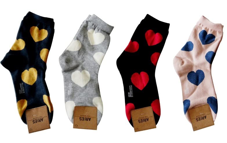 RJ Women's Socks with Sweet heart design- 4 Pairs set-Made in Korea, White/Gray/Black/Navy, SW2201
