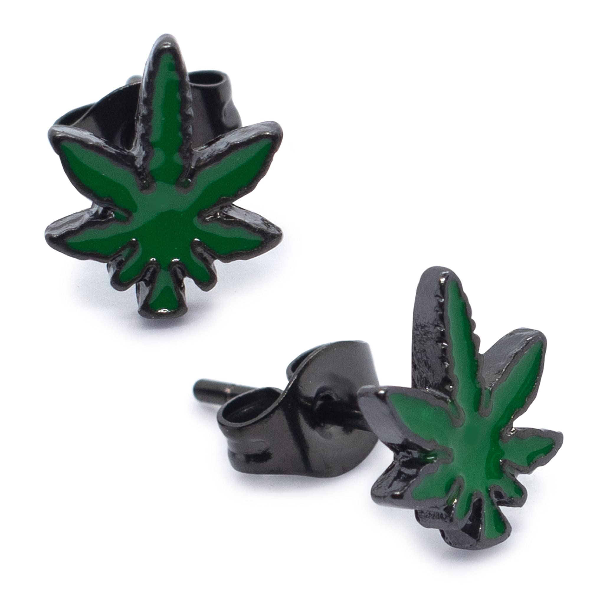 Pierce2GO Stud Earrings 316L Stainless Steel Anodized Black Ear Studs with Green Marijuana Leaf Pendant Earrings Studs for Women and Men β Marijuana Stud Earrings Set of 2