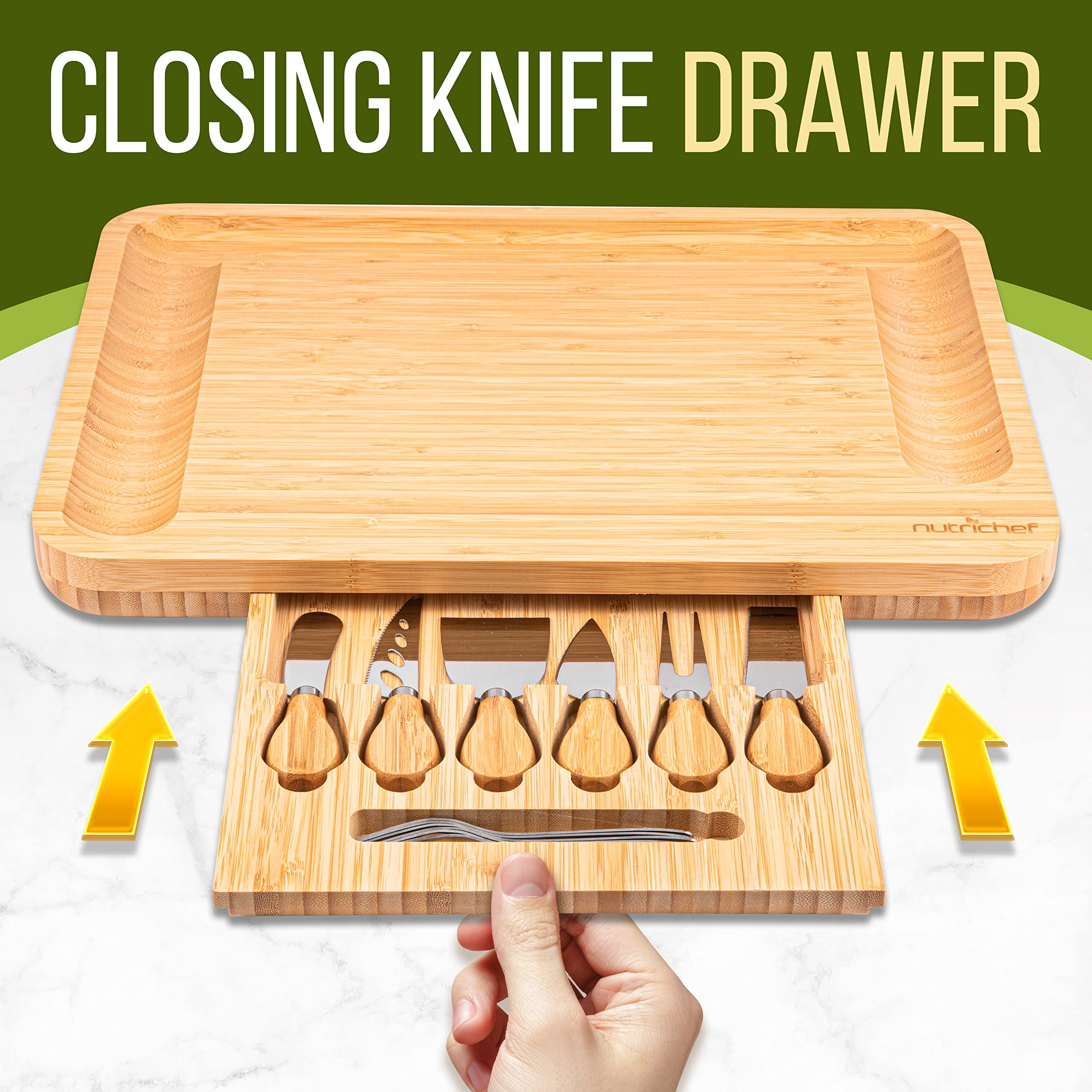 NutriChef Natural Bamboo Cheese Board Set with Bonus Condiment Cup-Extra Large Size 100% Home Organic Wooden Plate and Charcuterie Tray with 4 pcs Cutting Knife Slicer