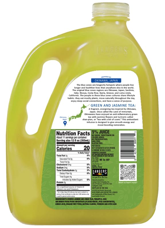 Langers Blue Zones Inspired Unsweetened Tea, Green & Jasmine Tea, 128 fl oz