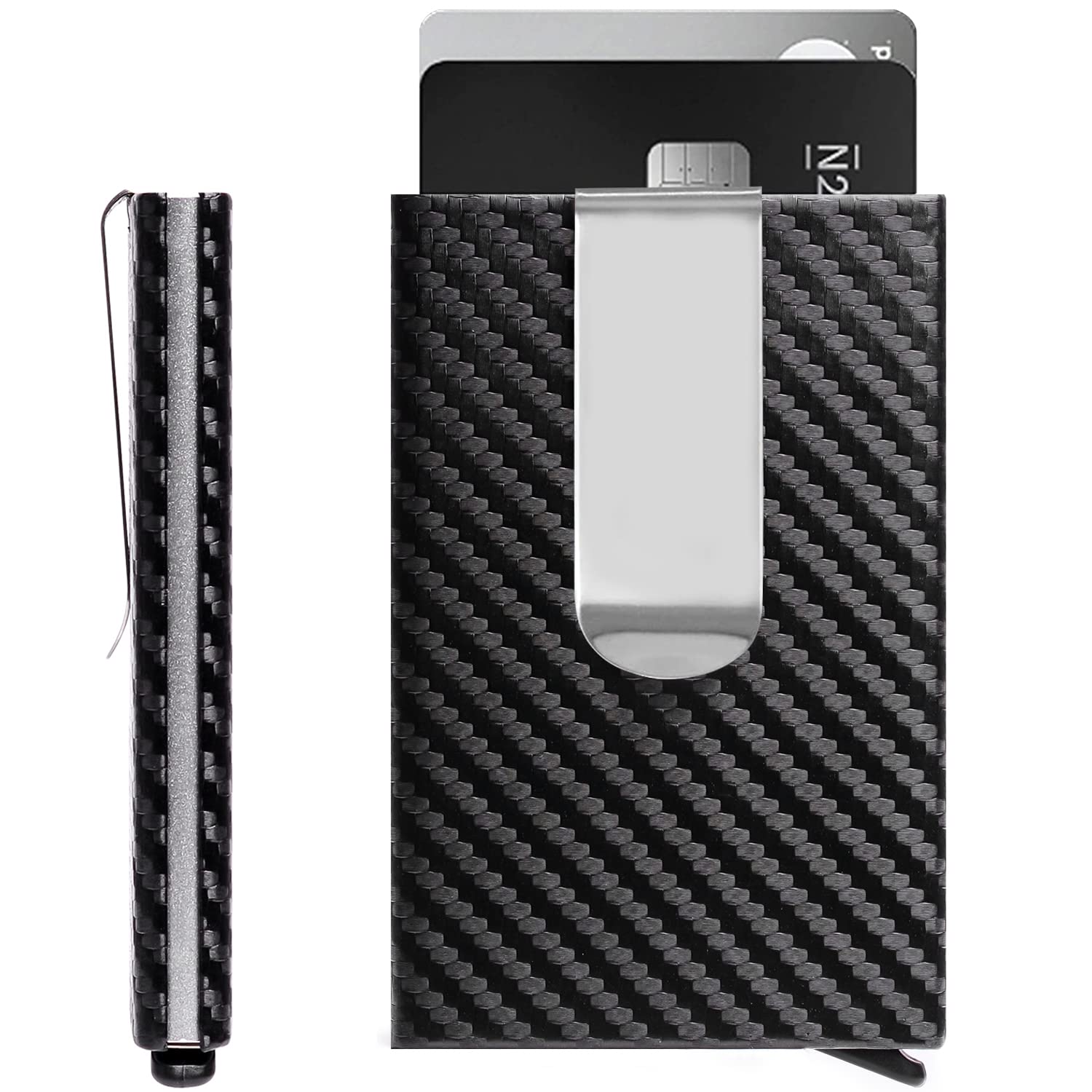 SLUKULU Slim Wallet for Men with Money Clip and Credit Card Holder, RFID Blocking Carbon Fiber Wallet,Minimalist Pop-Up Metal Front Pocket Wallet. (Black)