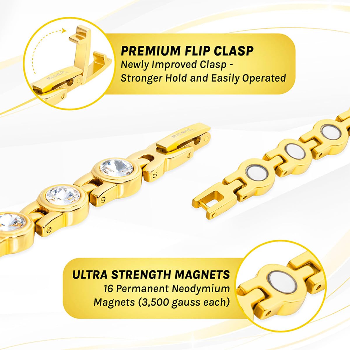 MagnetRX® Women's Magnetic Bracelet – Magnetic Crystal Bracelets for Women – Adjustable Length with Included Sizing Tool (Gold)