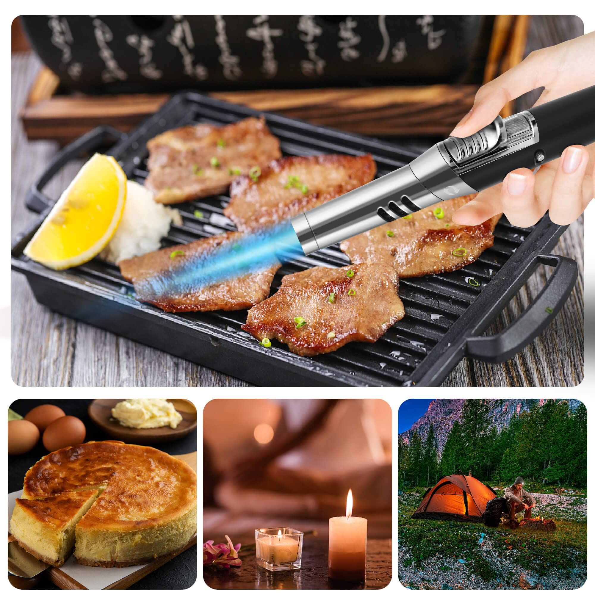KOLTEC Torch Lighter, Rotatable Butane Lighter Adjustable Refillable Jet Flame with Fire Lock Visible Gas Window Windproof Portable for Grill BBQ Candle Camping (Butane Not Included) (Black)