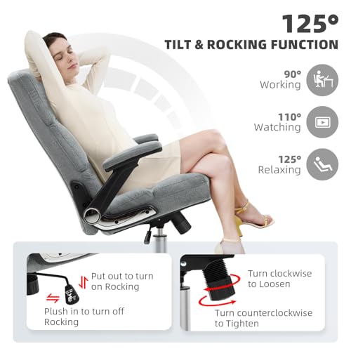 YAMASORO Velvet Office Chair High Back Executive Desk Chair with Flip-up Arms Modern Computer Chair with Wheels for Adult (Grey)