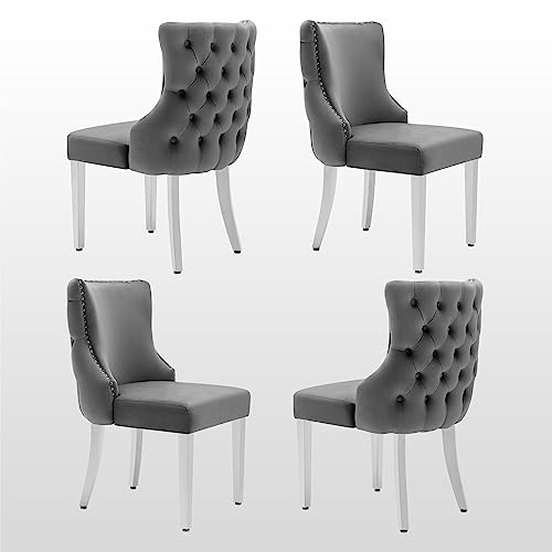 LOULENS Luxurious Velvet Dining Chairs Set of 4, Modern Upholstered Tufted Dining Room Chairs with Stainless Steel Legs, Dark Grey