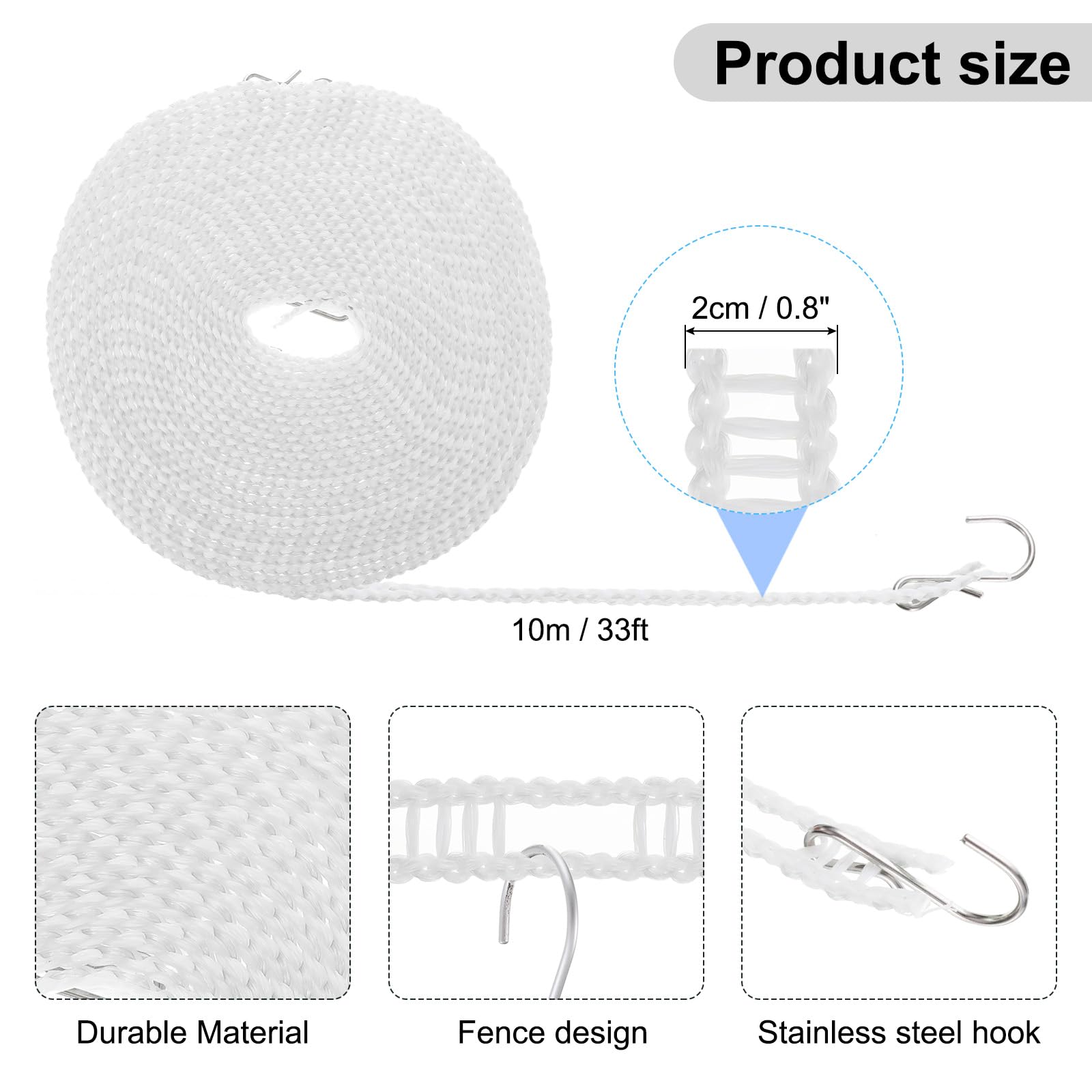 uxcell Windproof Clothesline, 10M 33ft Plastic Non-Slip Clothes Drying Rope Portable Travel Clothesline for Courtyard Outdoor Laundry Camping, White