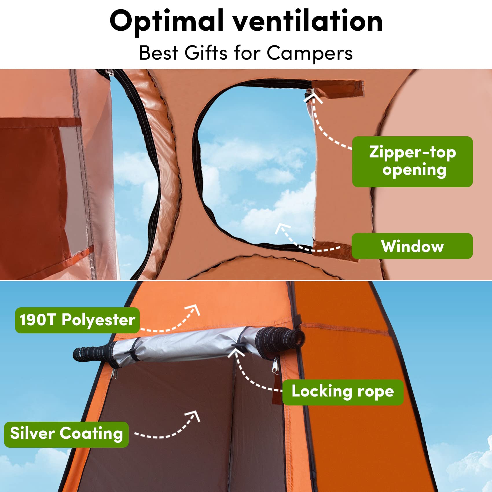 Pop Up Shower Tent Changing Tent with 2 Windows Camping Shower Tent Privacy Tent for Portable Toilet Outdoor Portable Dressing Room, Waterproof Orange/UPF 50+