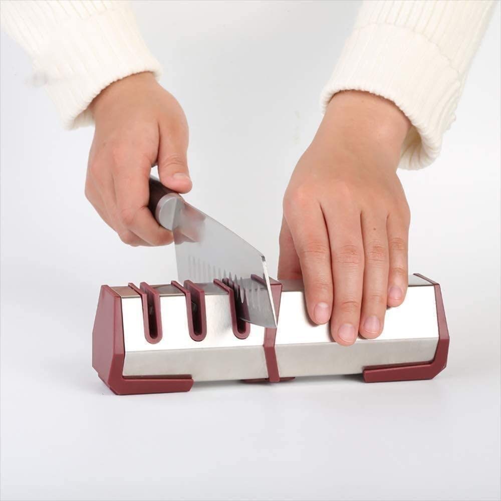 QIN Knife Sharpener, Professional Kitchen Chef 3 Slot Design, Easy Sharpening, Slip Resistant Grip, Safely Sharpen Knives, Restore Dull Knife for A Sharp Edge