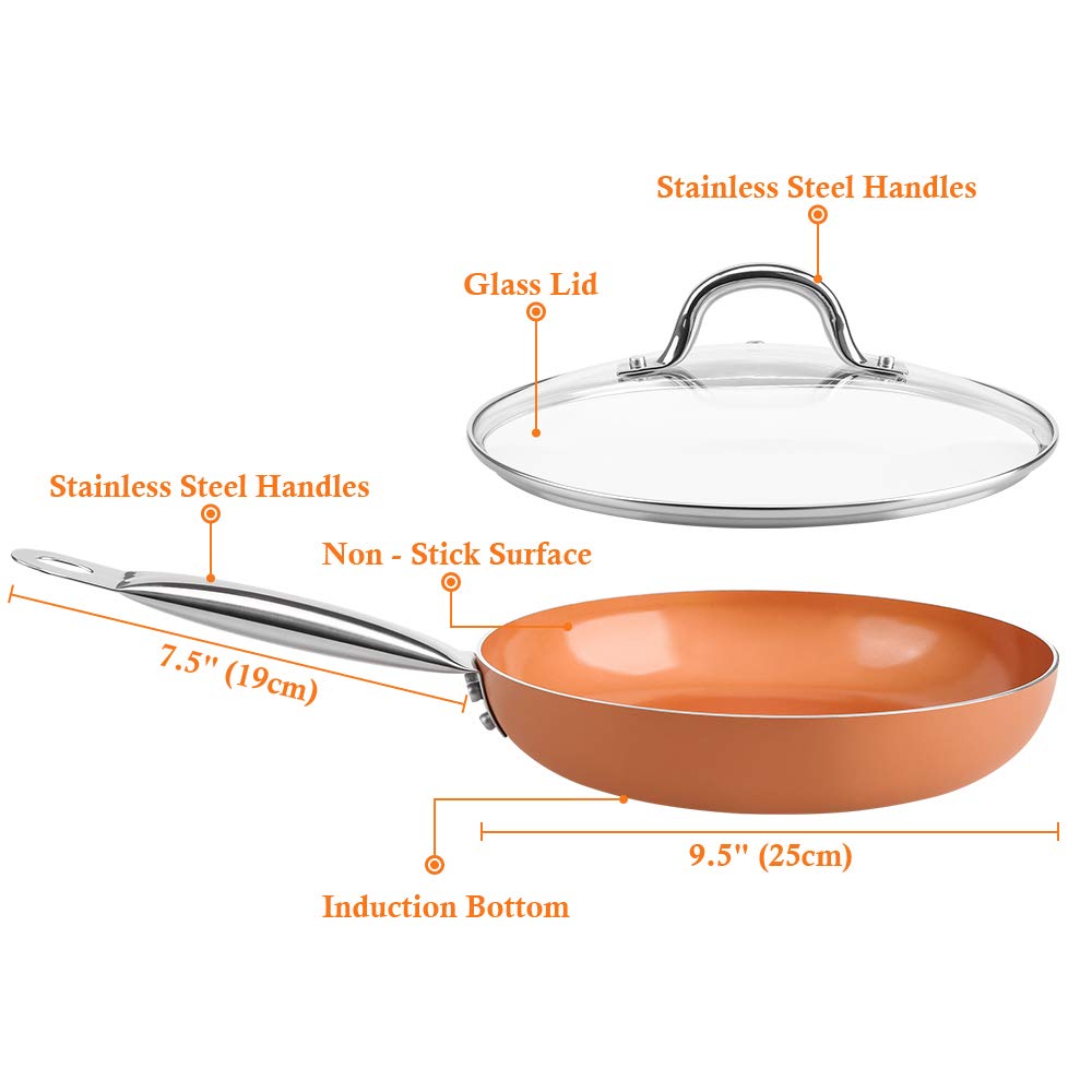 SHINEURI 9.5 inch Copper Fry Pan with Lid, Nonstick Omelet Pans - Perfect for Stir fry, Sauce & Baking, Compatible for Induction, Gas, Electric & Stovetops, Perfect for 2-3 Person Meal