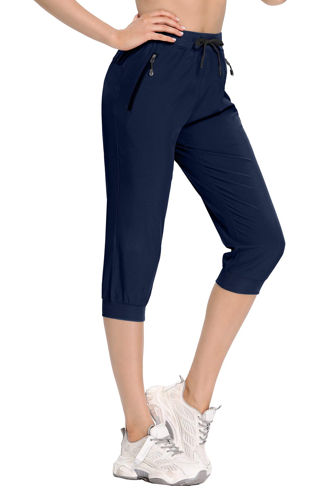 MOCOLY Women's Joggers Capris Cargo Pants 3/4 Hiking Capris Lightweight Running Sweatpants Water Resistant Casual Outdoor Navy Blue Large