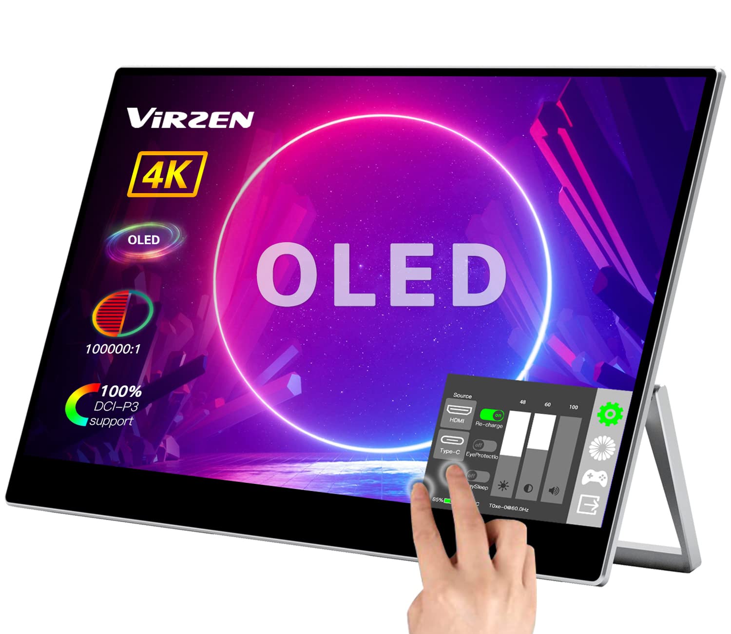 Virzen OLED Portable Monitor Touchscreen 4K 3840 x 2160 Touchscreen Display with 10000mah Battery 15.6” UHD 10bit 100% DCI-P3 100000:1 Color Second Screen for Laptop, PC, Phone, Camera, Consoles