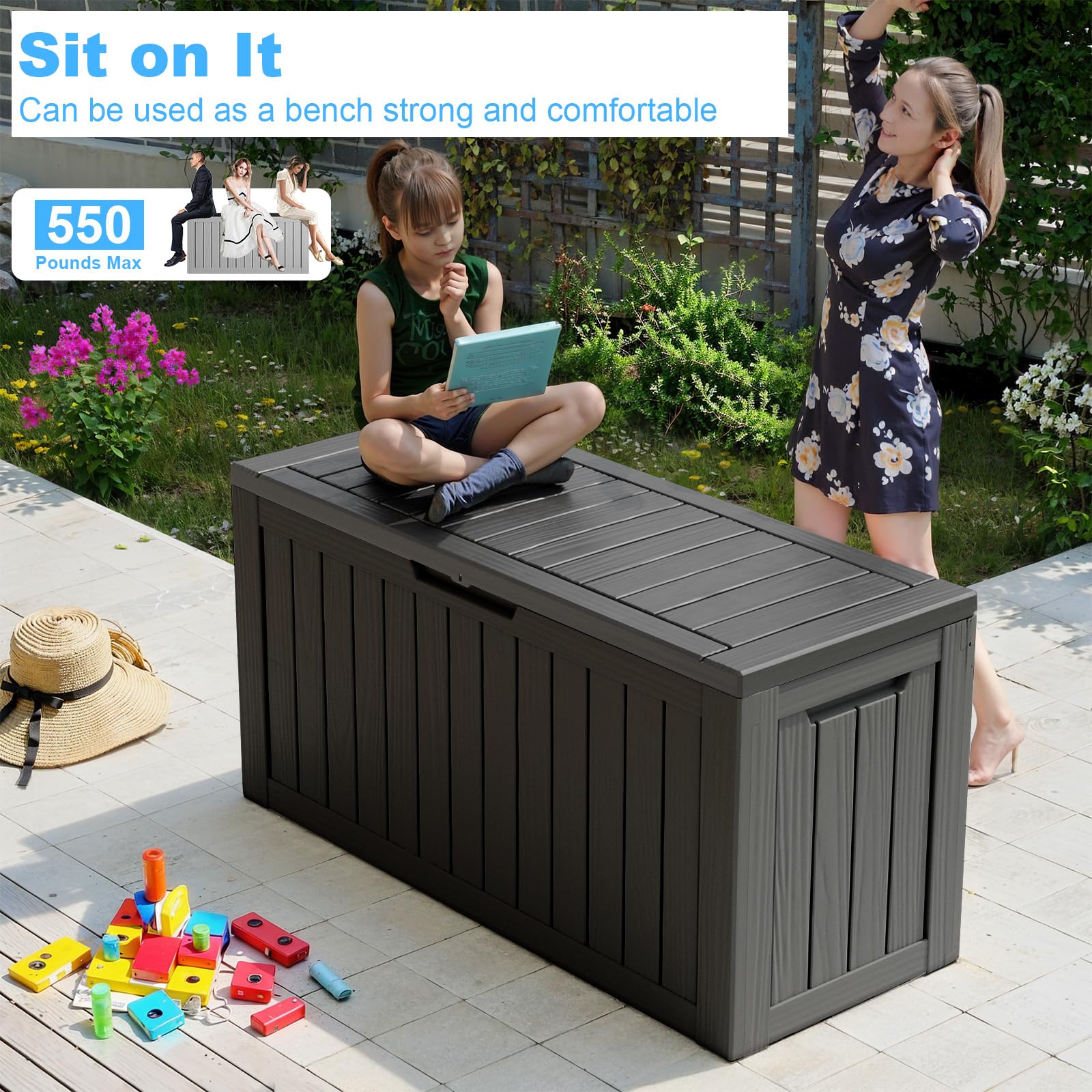 MAIUSCOLI Deck Box - 31 Gallon Outdoor Storage Box Container for Patio, Pool, and Garden-Waterproof and UV Resistant Resin,Lockable (Grey)