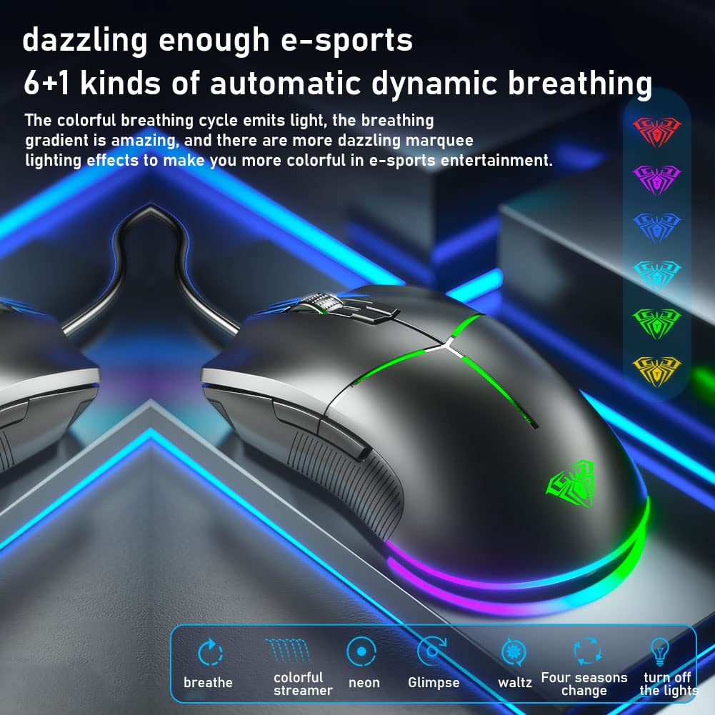 SHUNJINRUN Wired Gaming Mouse RGB Backlit Ergonomic Lightweight USB Mouse with 7 Backlight Modes up to 6400 DPI for Laptop Windows PC Gamers (F820-Black)