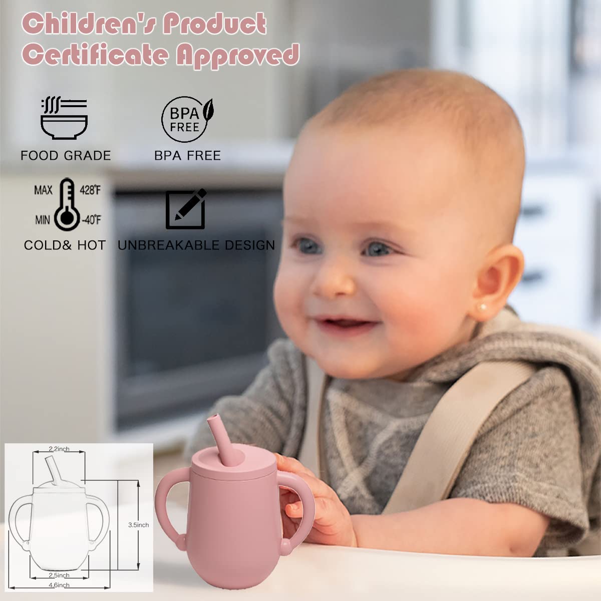 Uyokcnie Toddler Cup, Silicone Training Cup Sippy Cup with Straw, Spill Proof and Non-Slip Handles, NO BPA, Unbreakable, Trainer Cup for Babies Toddlers and Infants, 2 Count, 4 oz, Sage Green, Blush