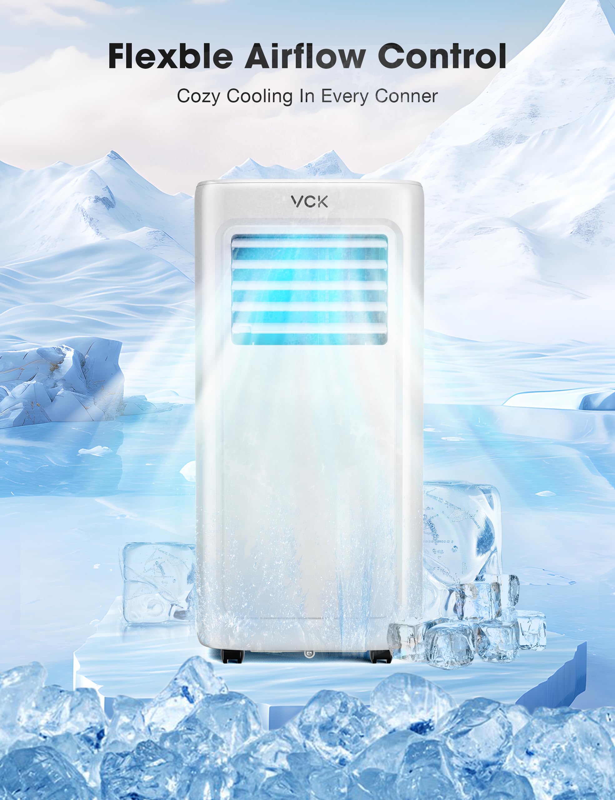VCK Portable Air Conditioners,8000 BTU 4-in-1 AC Unit with Fan & Dehumidifier,Powerful Cools up to 350 sq.ft.with Side Handles& Casters,LED Display,48dB Quiet,Remote Control,Dehumidify,24H Timer