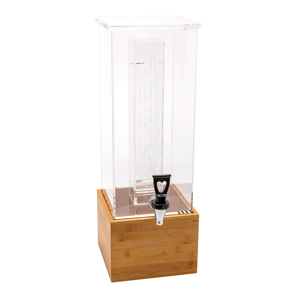 Restaurantware Bev Tek 2 Gallon Beverage Dispenser 1 Square Drink Dispenser For Parties - With Infusion Core Bamboo Base Clear Acrylic Drink Dispenser With Stand Easy-To-Use Spigot
