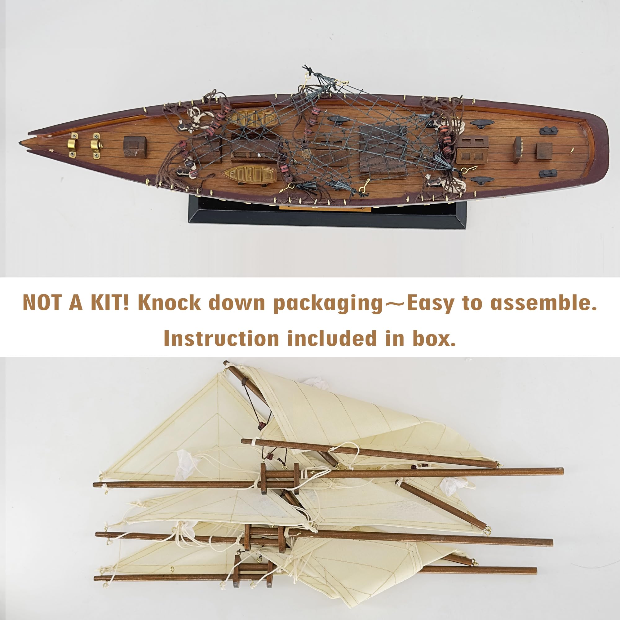 NAUTIMALL 25" Wooden Sailboat Model Sailing Yacht Atlantic Schooner Ship Scale Replica Nautical Home Decor Display Collection Watercraft