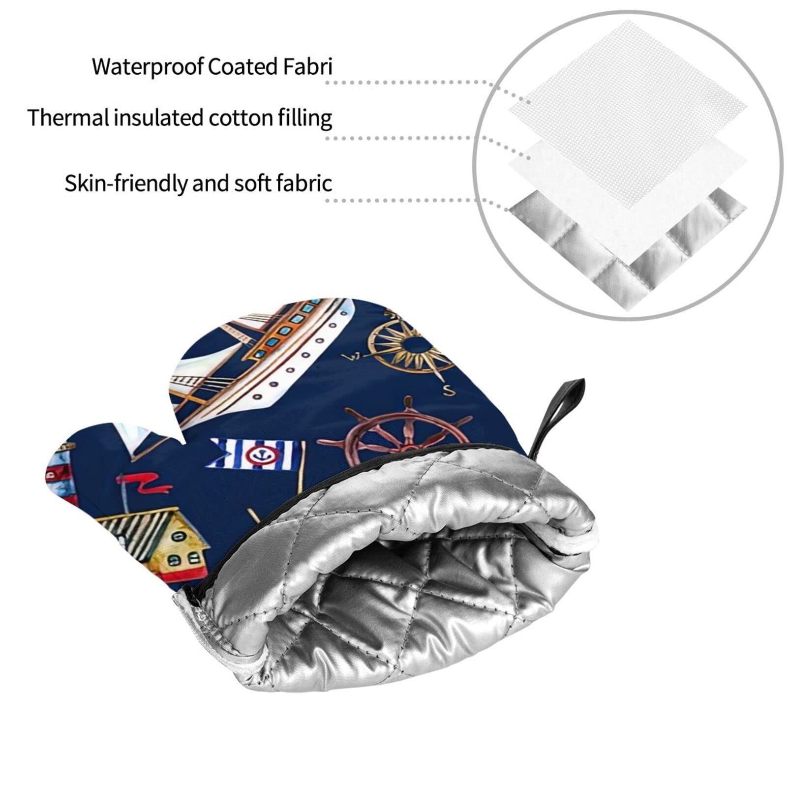 Nautical Sailboat Anchor Lighthouse Oven Mitts and Pot Holders Sets of 4,Non-Slip Heat Resistant Oven Gloves for Baking Cooking Grilling BBQ