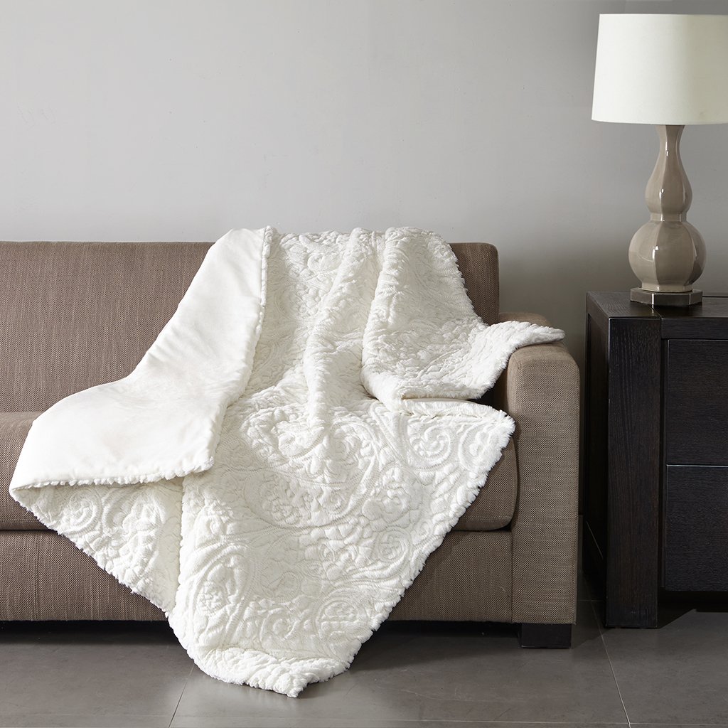 Madison Park Norfolk Luxury Ultra Plush Down Alternative Throw Ivory 50x60 Paisley Premium Soft Cozy Long Fur For Bed, Couch or Sofa