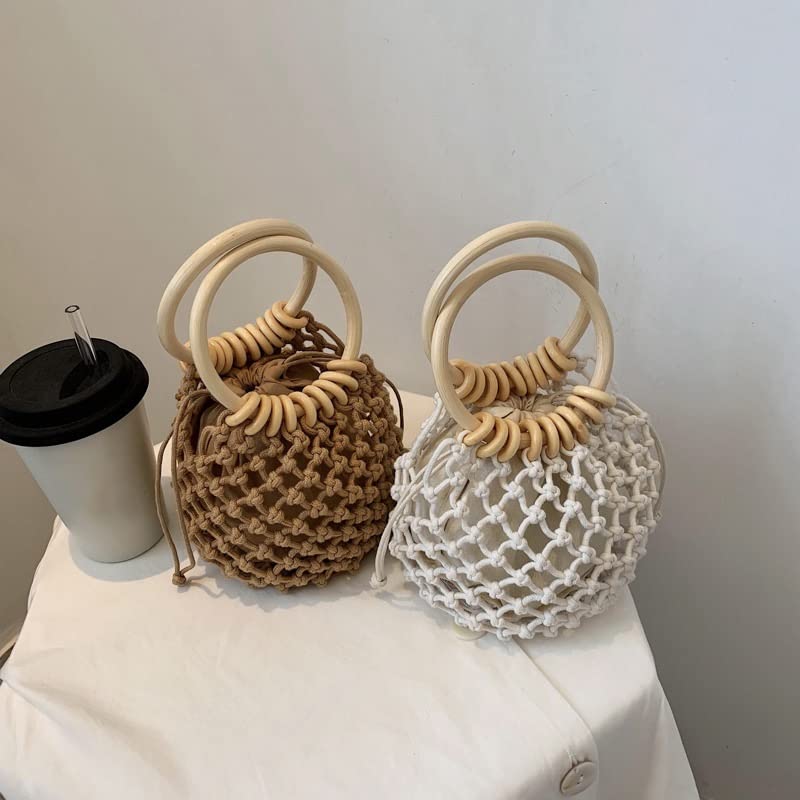 TJLSS Casual Woven Handbag Wooden Handle with Inner Cloth Drawstring Bucket Bag Vacation Beach Wrist Pack Ladies (Color : D, Size : 1)