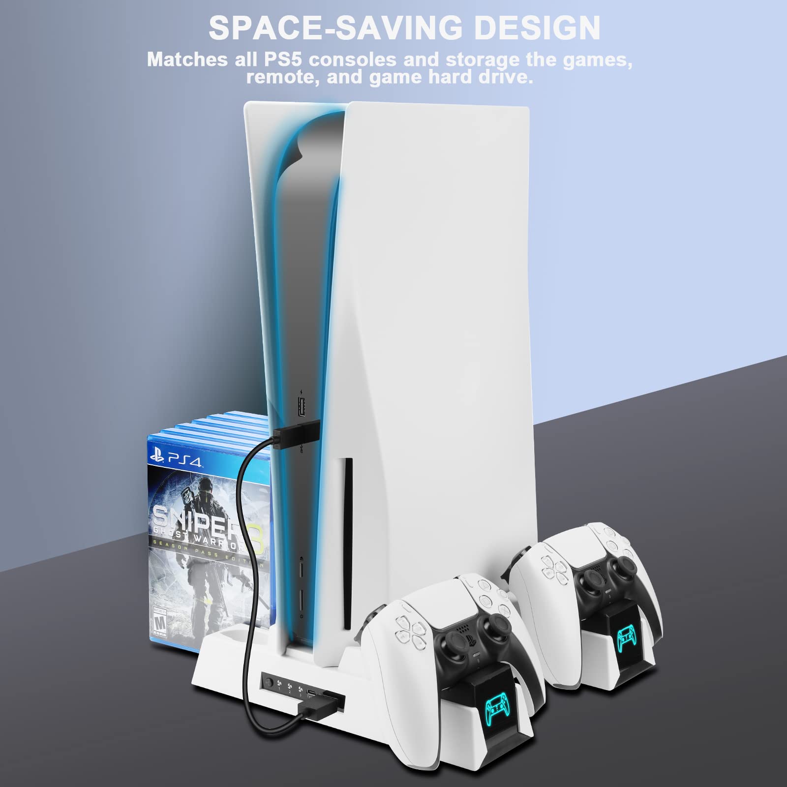 PS5 Accessories, PS5 Stand with Cooling Fan and Dual Controller Charger, Playstation 5 Digital & Disc Edition Vertical Stand, 3 Speeds Fan/Headset Holder/11 Game Slot (White)
