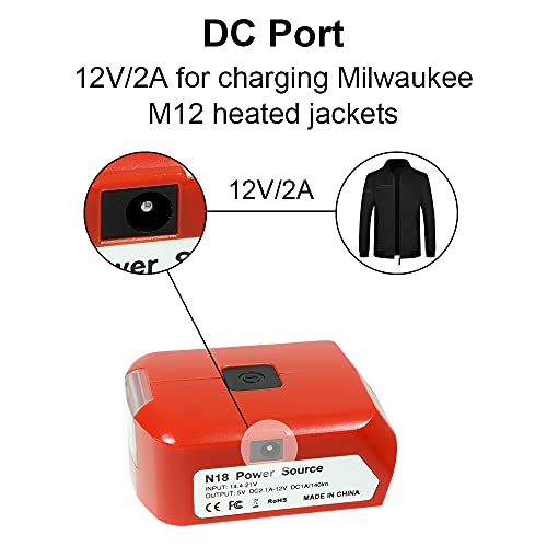 SINTENT Taingwei Battery Adapter for Milwaukee 18V Battery USB Charger and 12V DC Port and 3W LED Work Light - Compatible with Milwaukee M18 Lithium-Ion Batteries,Red,MWQ-090