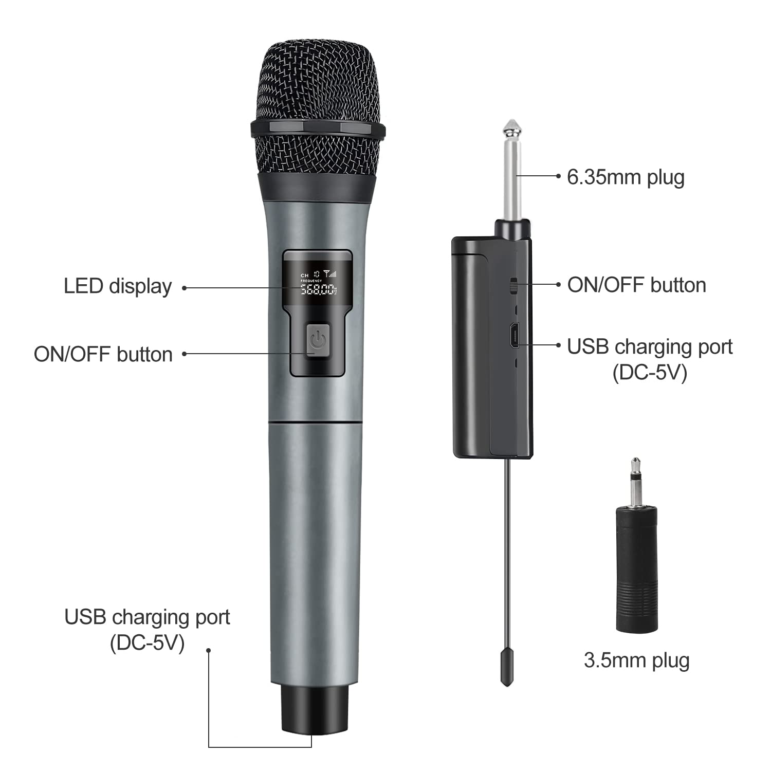 SMARTSWORD Wireless Microphone, Dual Portable Handheld Dynamic Karaoke Mic System with Rechargeable Receiver, Cordless Mic Set for Wedding, Party, Speech, Church, Meeting, 160 ft Range,Grey