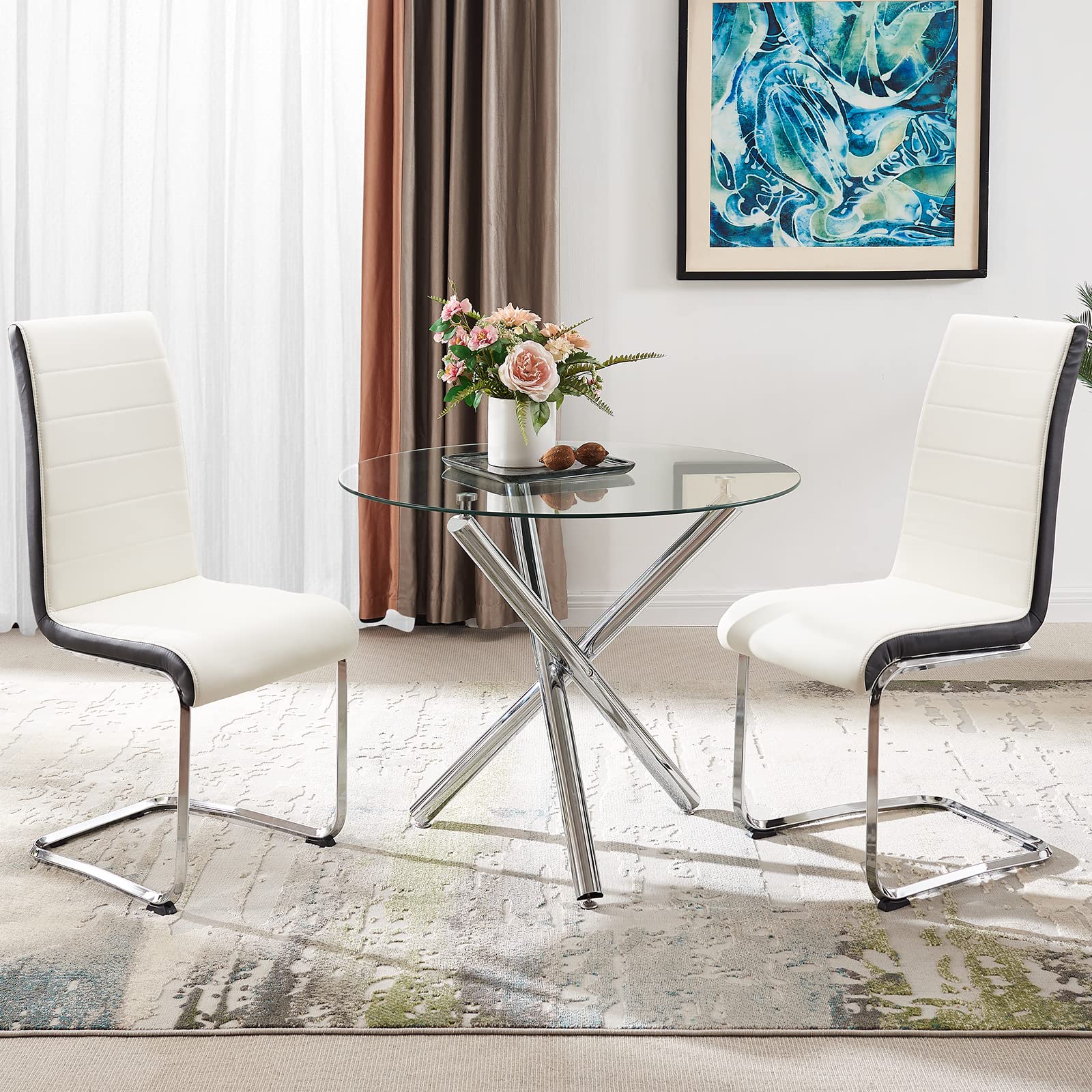 Modern Round Dining Table with Clear Tempered Glass Top, 3 Chrome Legs Kitchen Table for 2 or 4 Person,Round Dining Table Furniture for Home Office Kitchen Dining Room(W 35.4 x L 35.4 x H 29.5 inch)