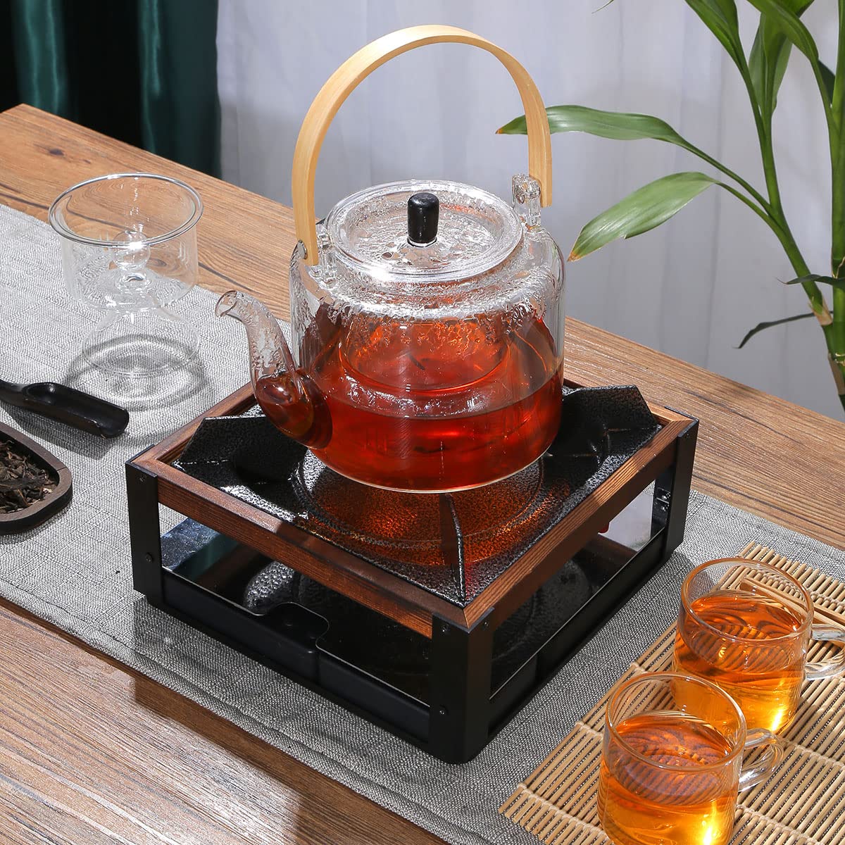 Portable Dual Burner Alcohol Stove Alcohol Heater Burner with Glass Kettle for Tea Coffee Maker Outdoor Backpacking Picnic Camping Hiking Korean BBQ