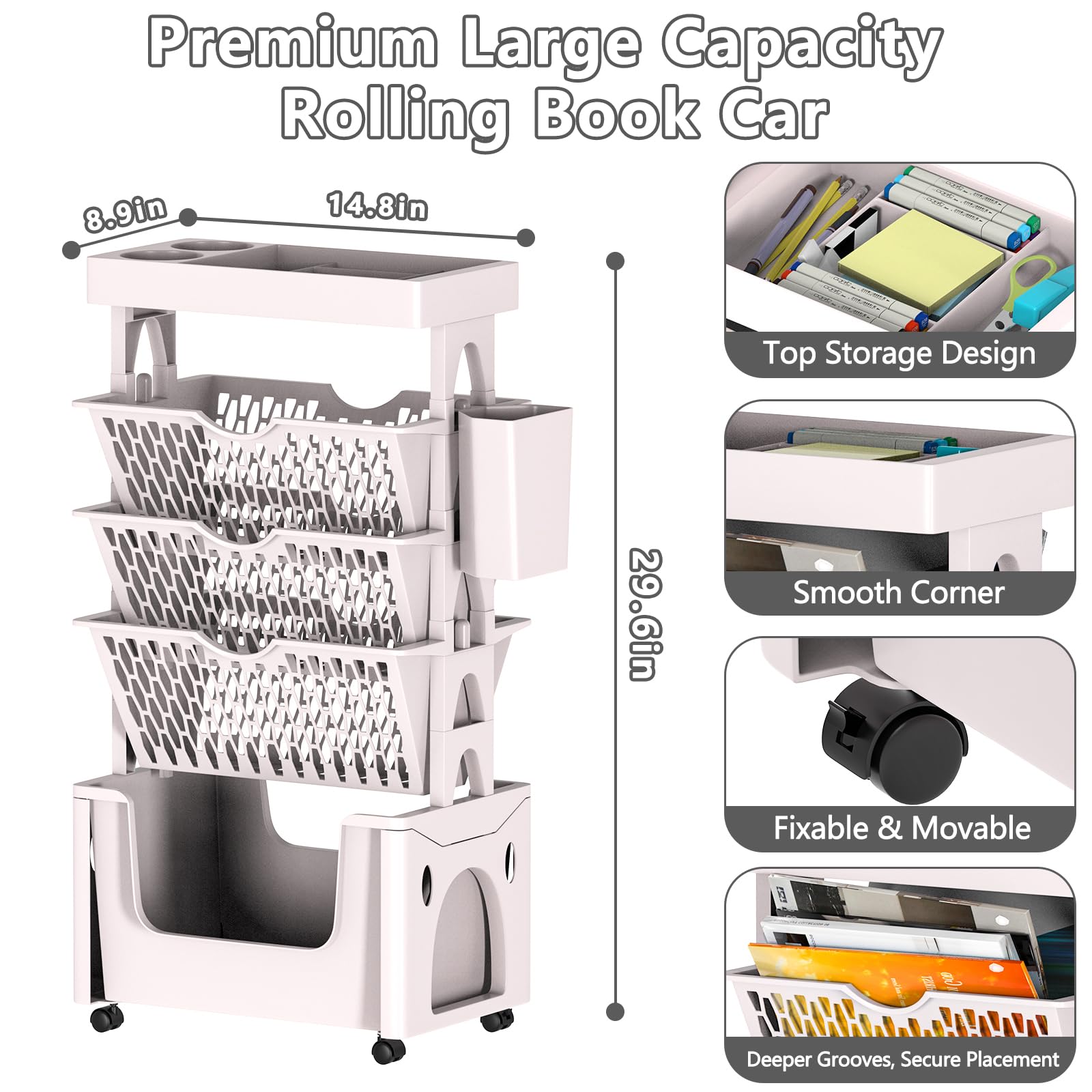NIRIAHO 5 Tier Mobile Bookshelf, Movable Bookshelf Rolling Office Paper Organizer Book Rack Storage Removable Utility Small Bookcase with Wheels for Office, Dorm, Classroom, Nursery, White