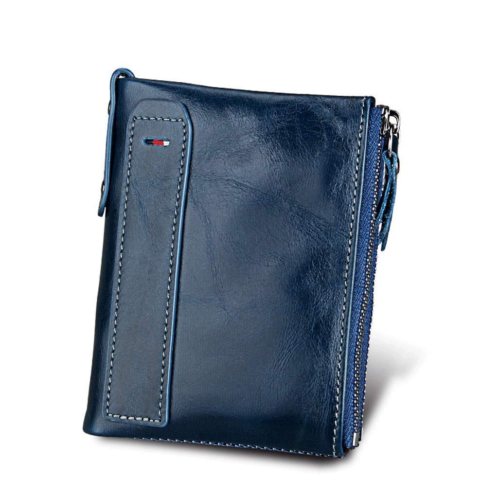 TKFDC Mens Genuine Leather Zipper Wallet, Blocking Vintage Bifold Zip Around Credit Card Holder