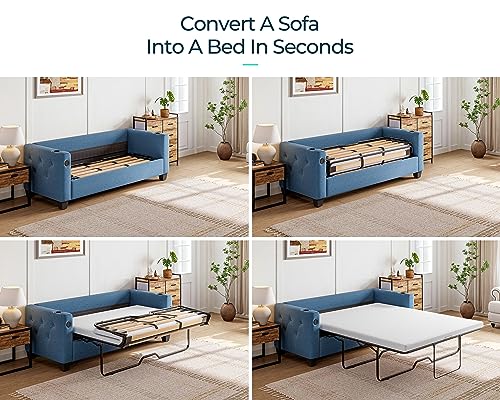 LINSY HOME Pull Out Sofa Bed, Queen Sleeper Sofa Couch with Memory Foam Mattress and Solid Wood Bed Frame, Covers Removable and Washable, Pullout Couch for Home Office, Blue, Queen Size